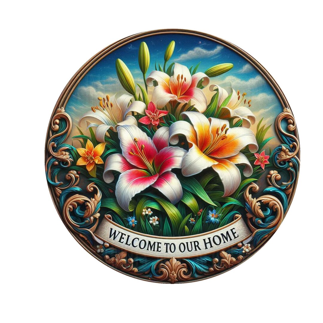 Lilies Welcome to Our Home Wreath Sign, Metal Wreath Sign, Round Wreath ...