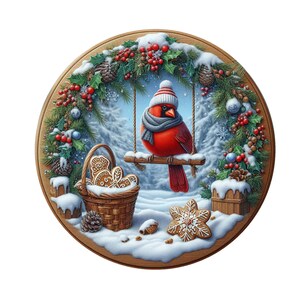 Winter Cardinal on Swing With Gingerbread Cookie Basket Wreath Sign ...