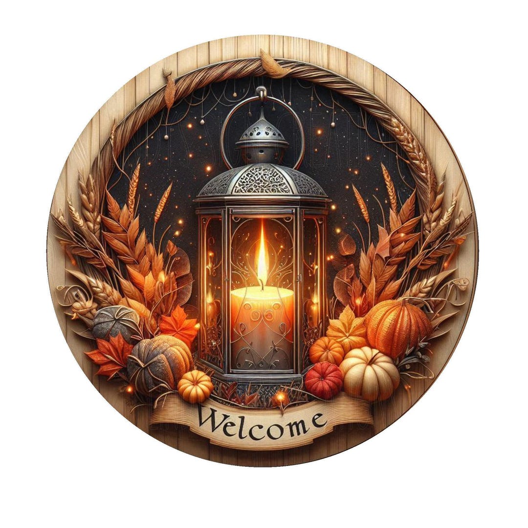 Fall Welcome Lantern With Candle Wreath Sign, Metal Wreath Sign, Door ...