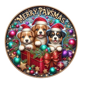 Puppies Merry Pawsmas Christmas Wreath Sign, Metal Wreath Sign, Round ...