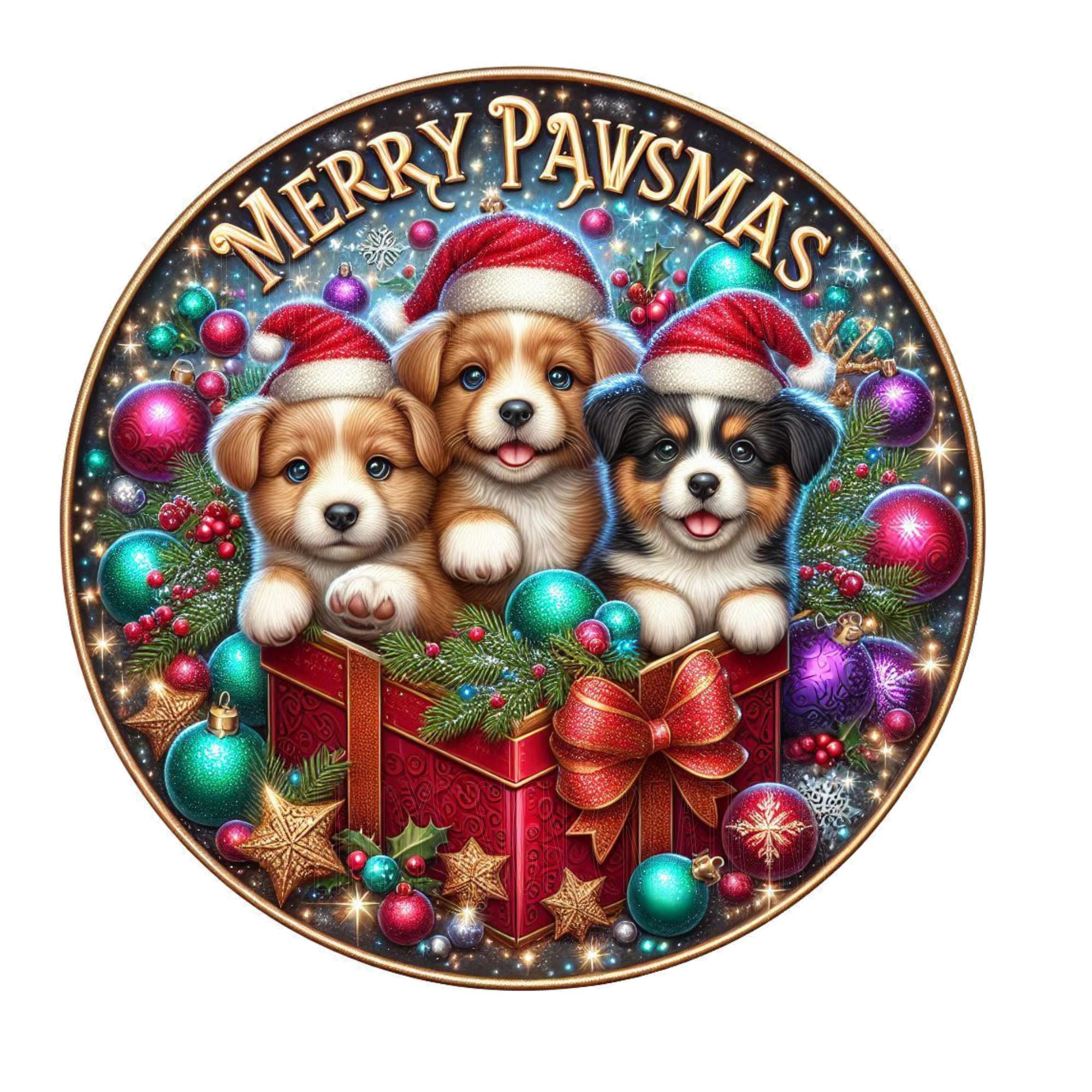 Puppies Merry Pawsmas Christmas Wreath Sign, Metal Wreath Sign, Round ...