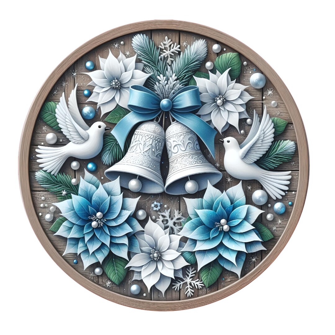 Doves With Christmas Bells and Blue Poinsettias Wreath Sign, Metal ...