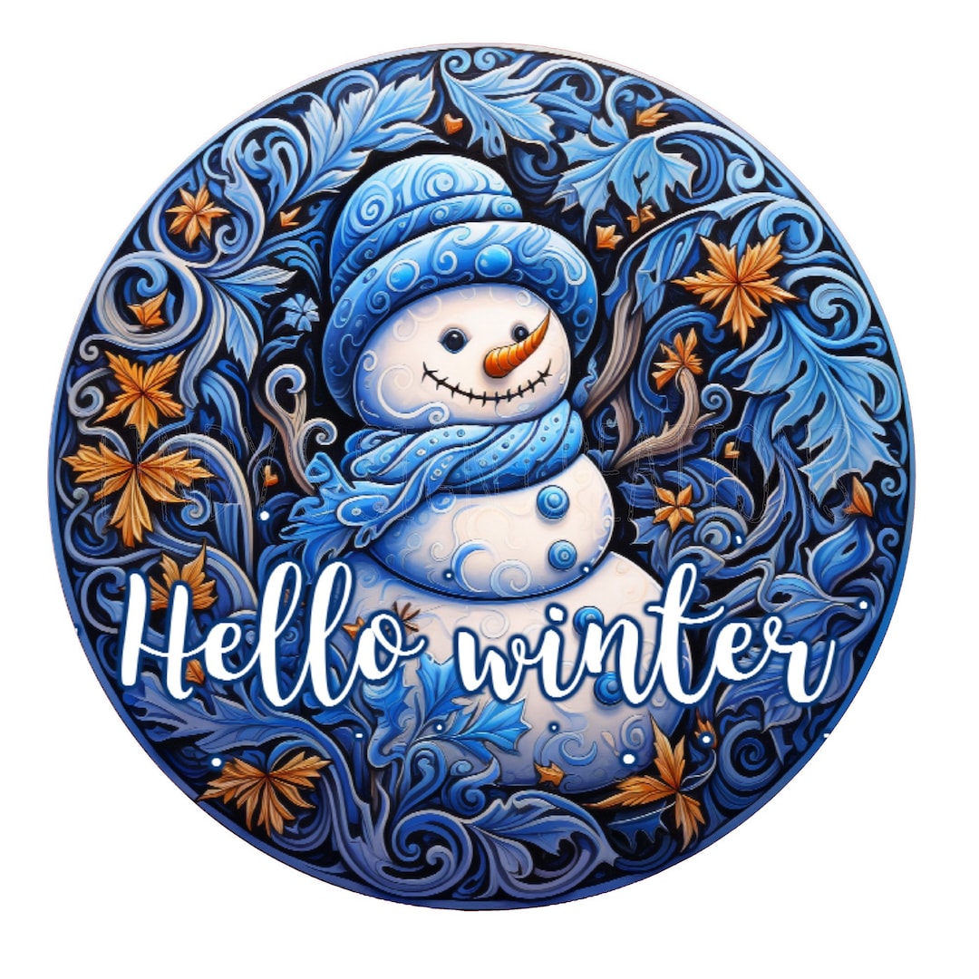 Blue Hello Winter Snowman Wreath Sign, Metal Wreath Sign, Round Wreath ...