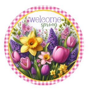 Welcome Spring Floral Wreath Sign, Metal Wreath Sign, Round Wreath Sign ...