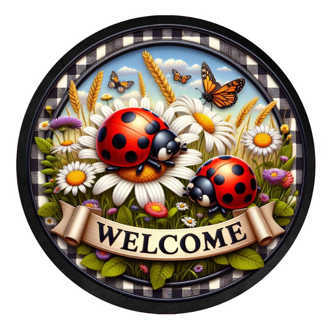 Ladybug and Daisies Welcome Wreath Sign, Metal Wreath Sign, Round ...