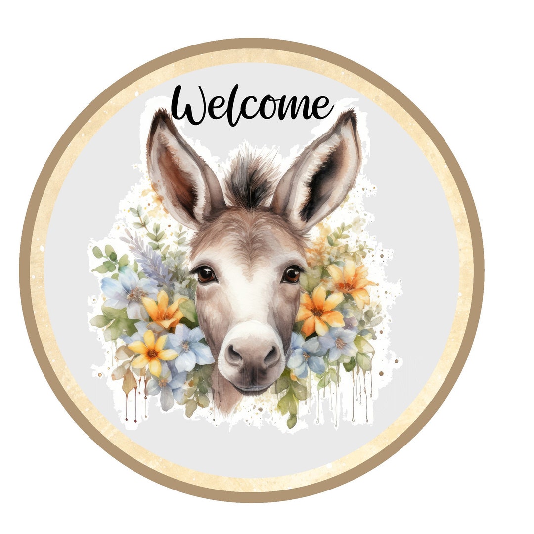 Cute Donkey Welcome Wreath Sign, Metal Wreath Sign, Door Decor, Round ...