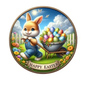 Cute Bunny With Wheelbarrow Full of Eggs Wreath Sign, Metal Wreath Sign ...