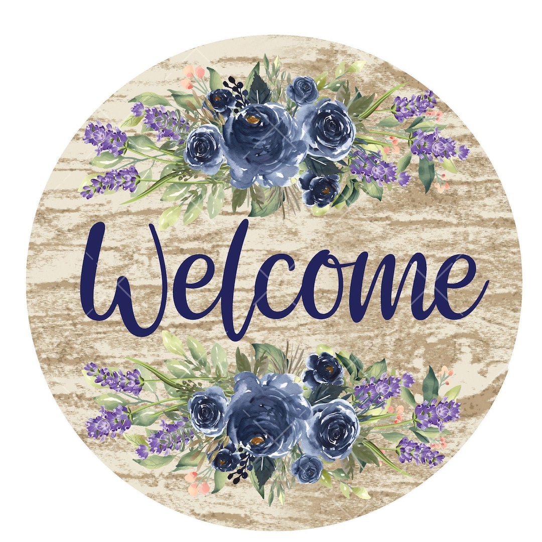 Welcome Wreath Sign, Navy Blue Roses Wreath Sign, Metal Wreath Sign ...