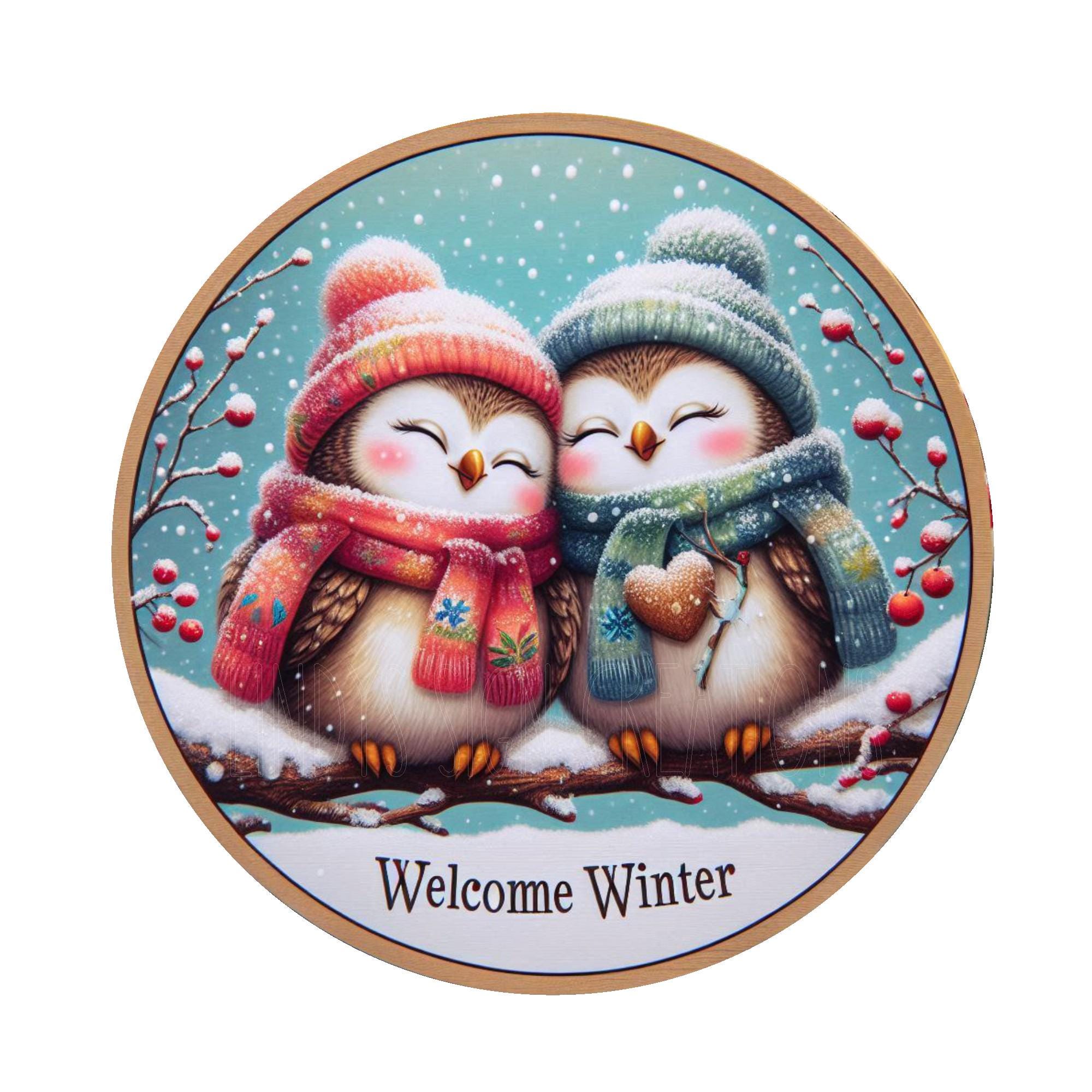 Owl Couple Welcome Winter Wreath Sign, Metal Wreath Sign, Round Wreath ...