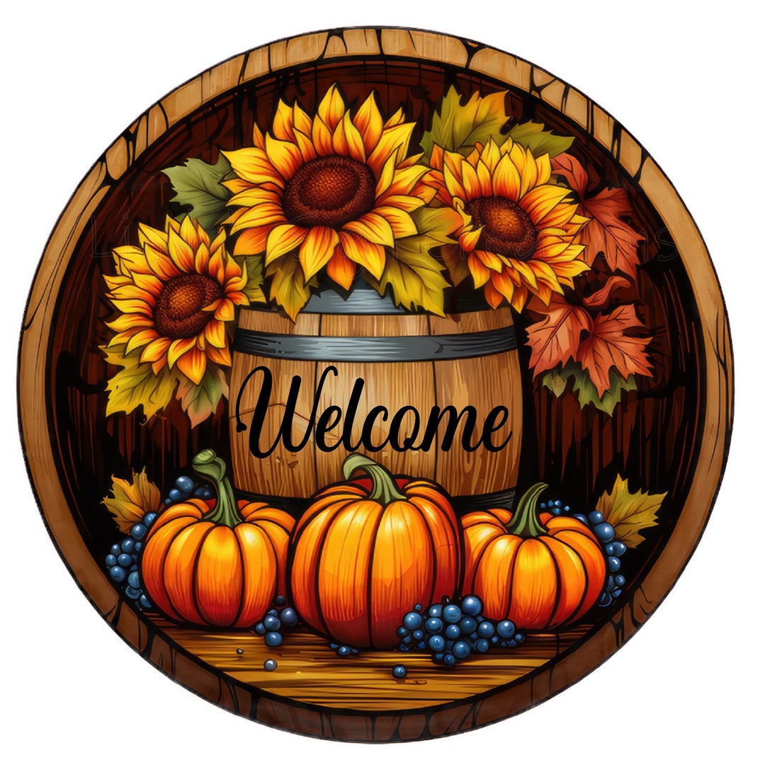 Round Pumpkin and Sunflower Welcome Wreath Sign, Metal Wreath Sign ...
