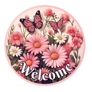 Pink Daisy Welcome Wreath Sign, Metal Wreath Sign, Round Wreath Sign ...