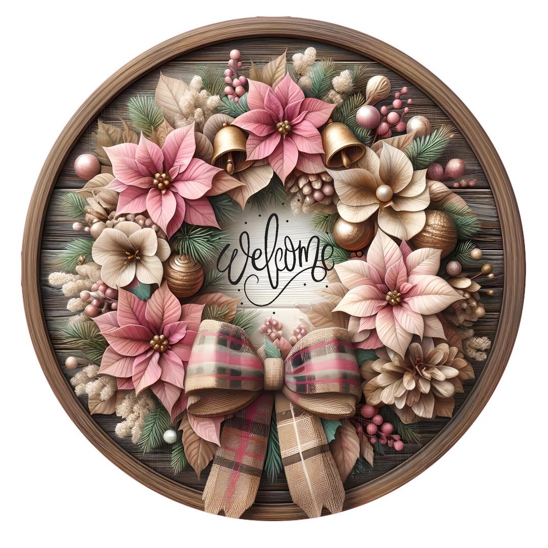 Pink and Ivory Poinsettia Welcome Wreath Sign, Metal Wreath Sign, Round ...