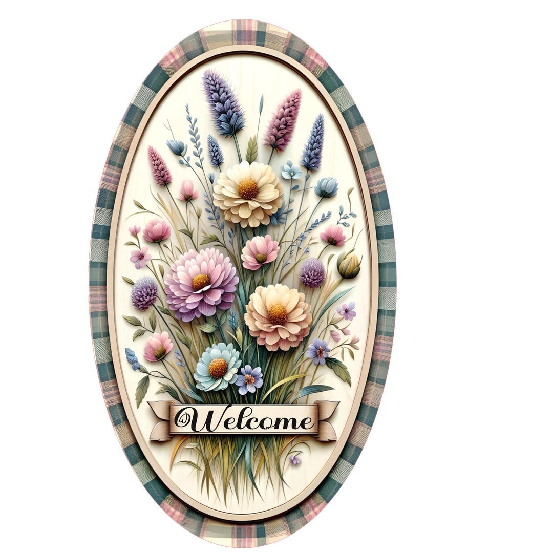 Oval Welcome Sign With Flowers, Metal Wreath Sign, 12x7 Wreath Sign ...