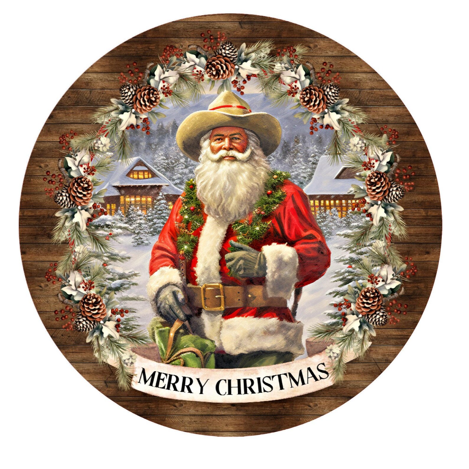 Merry Christmas Cowboy Santa Wreath Sign, Metal Wreath Sign, Round ...
