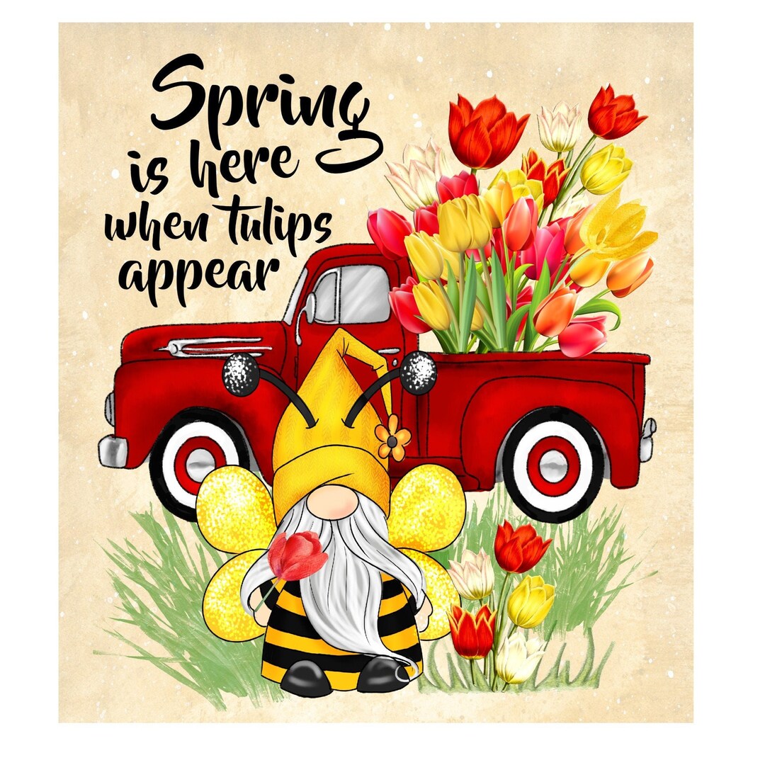 Spring Gnome Wreath Sign, Tulip Red Truck Gnome Sign, Wreath Attachment ...