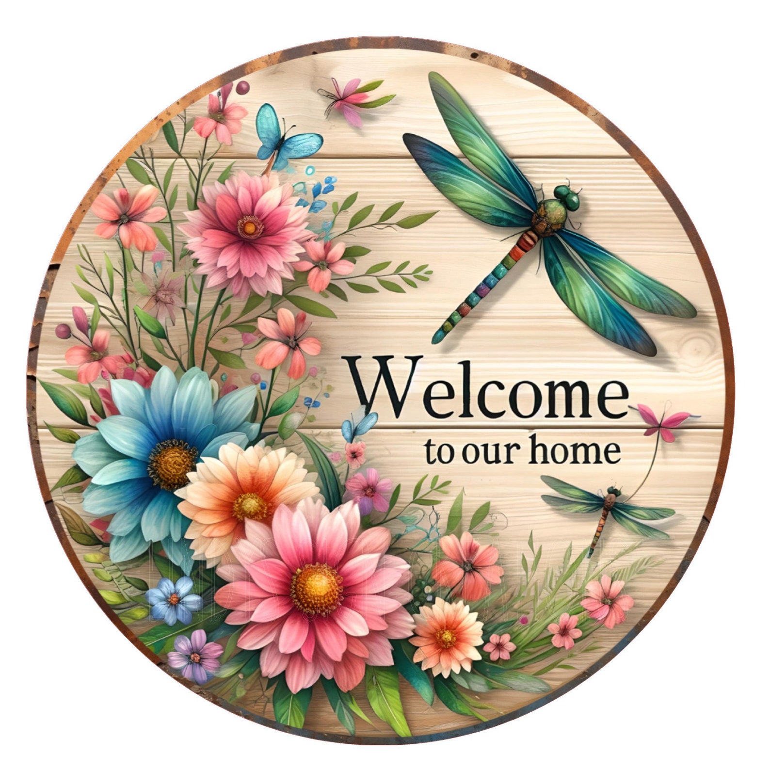 Dragonfly Welcome to Our Home Wreath Sign, Metal Wreath Sign, Round ...
