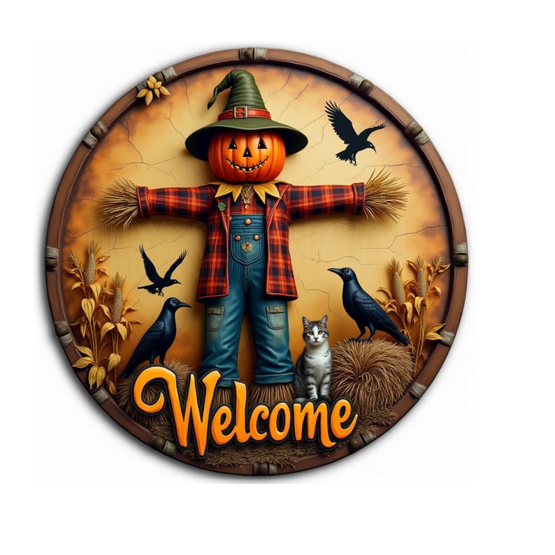 Scarecrow With Crows and Kitty Welcome Wreath Sign, Fall Wreath Sign ...