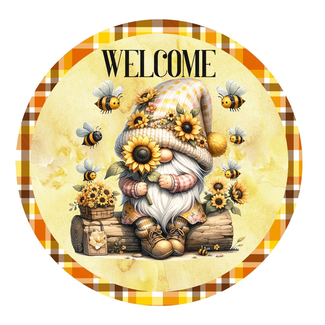 Welcome Gnome With Bees and Sunflowers Wreath Sign, Metal Wreath Sign ...