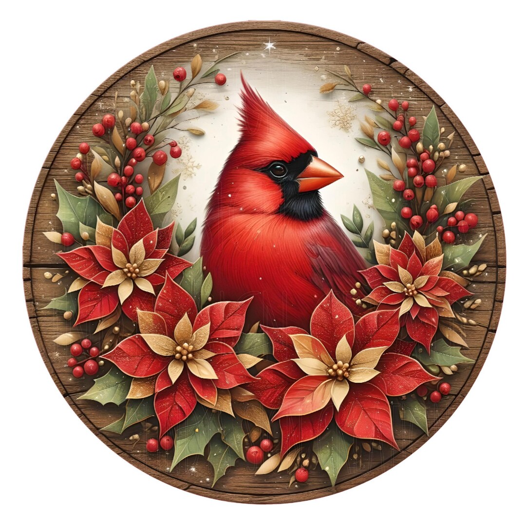 Cardinal With Gold and Red Poinsettias Wreath Sign, Metal Wreath Sign ...
