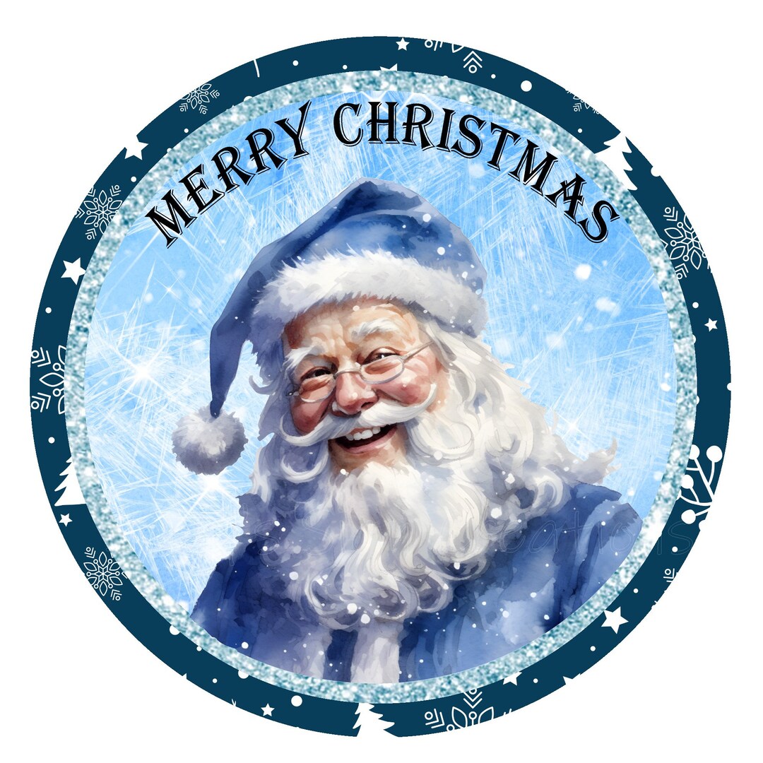 Blue Santa Merry Christmas Wreath Sign, Metal Wreath Sign, Round Wreath ...