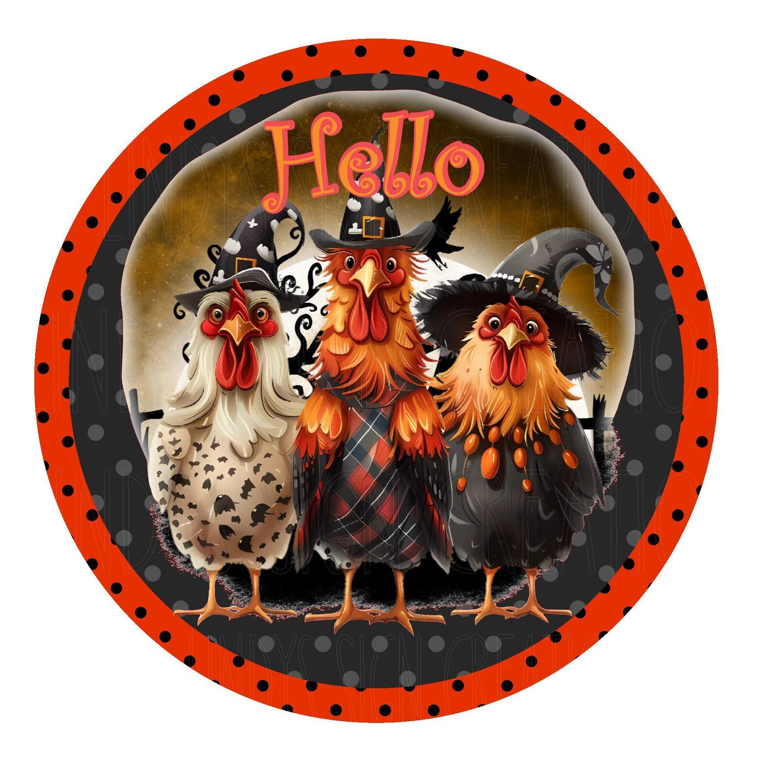 Hello Chickens With Witch Hats Wreath Sign, Metal Wreath Sign, Round ...