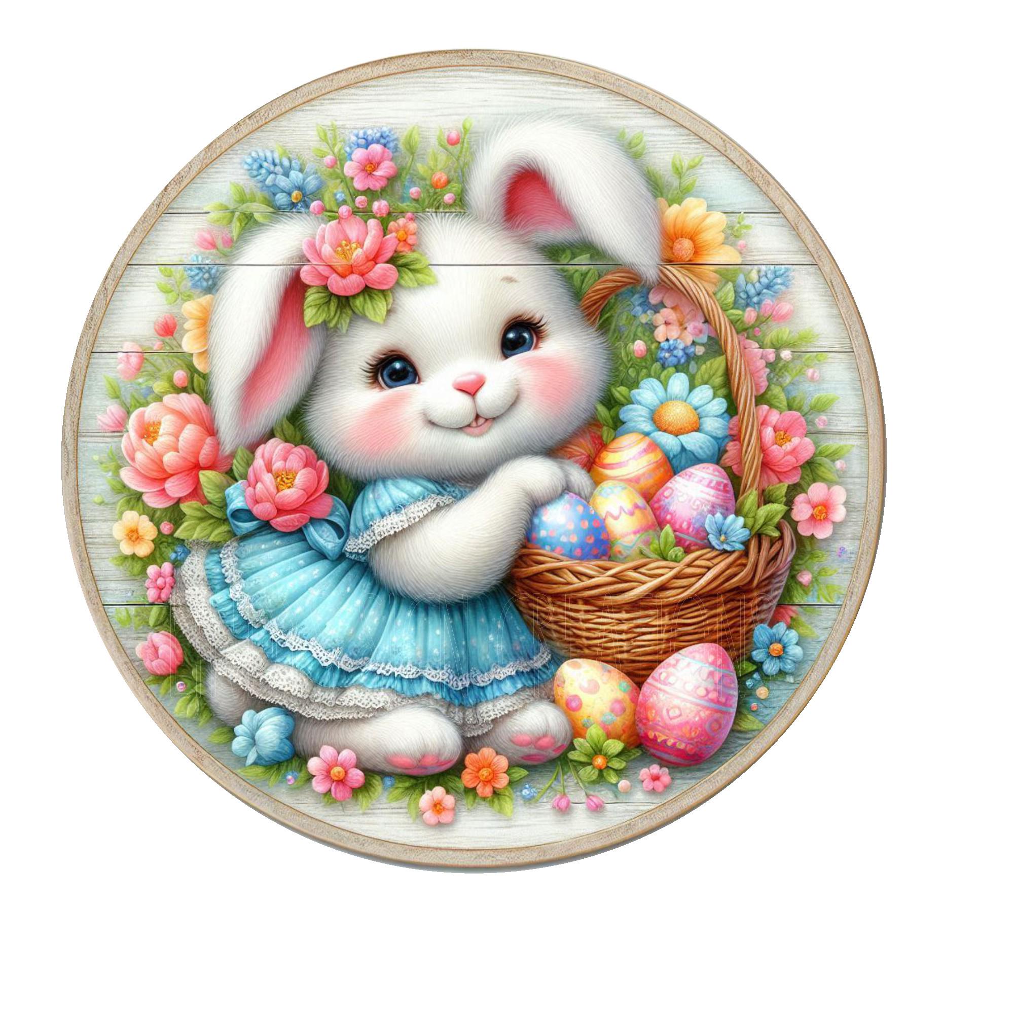 White Fuzzy Bunny Holding Eggs and Flowers in Basket Wreath Sign ...