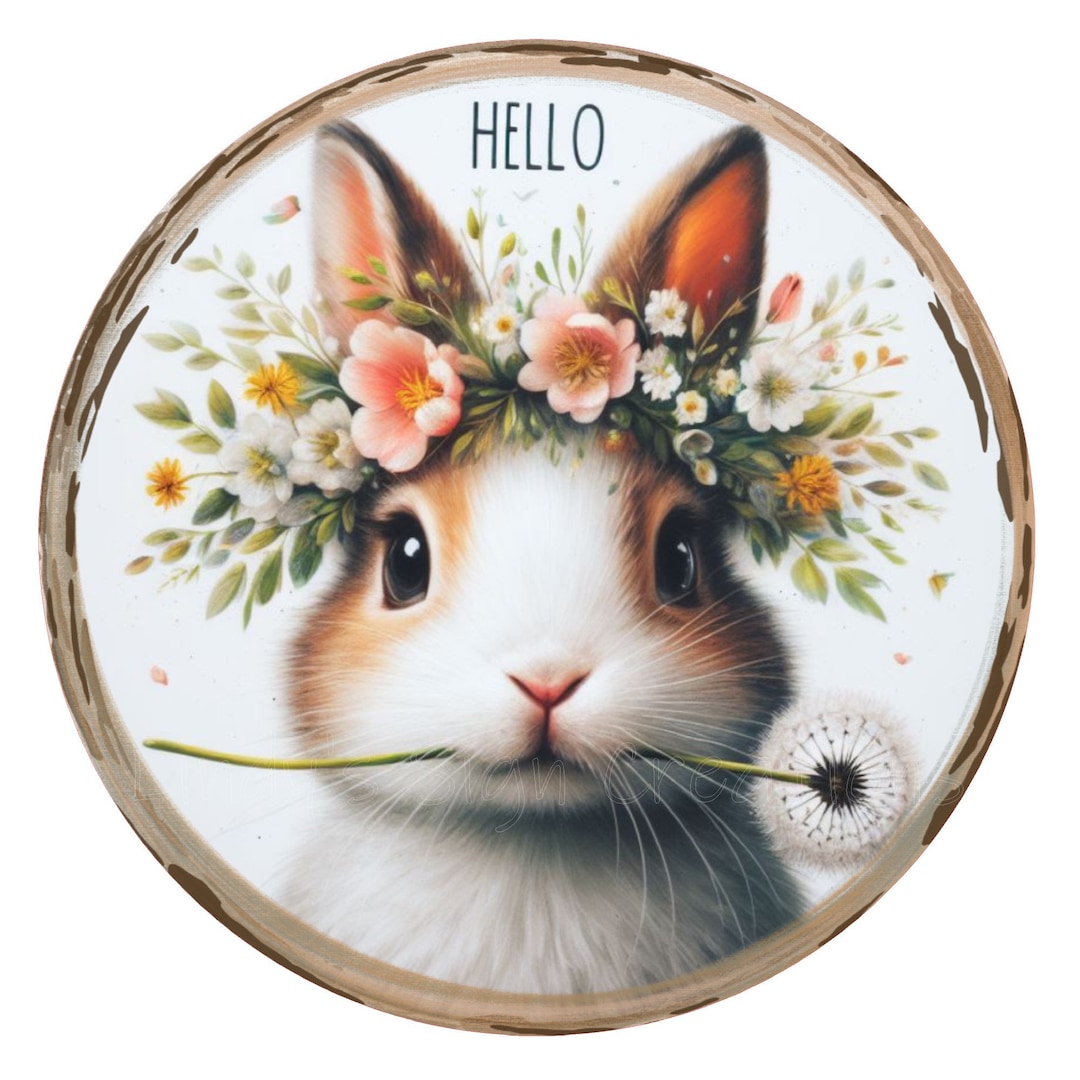 Hello Bunny Wreath Sign, Metal Wreath Sign, Round Wreath Sign, Spring ...