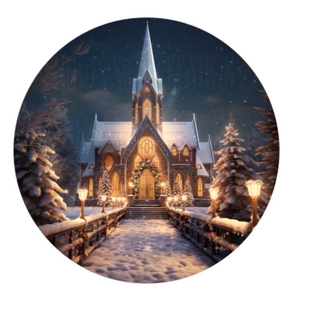 Winter Church Wreath Sign, Metal Wreath Sign, Round Wreath Sign, Door ...