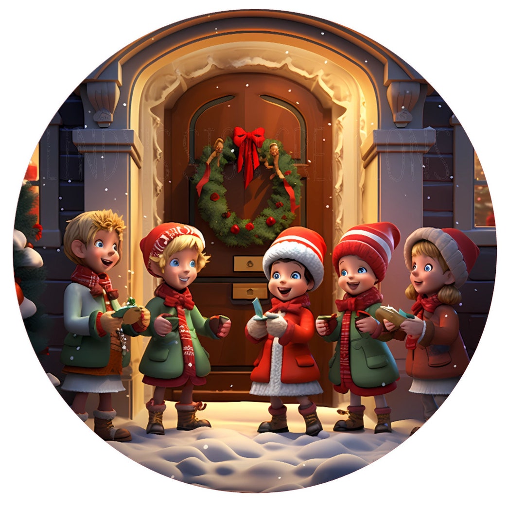 Christmas Children Carolers Wreath Sign, Metal Wreath Sign, Round ...