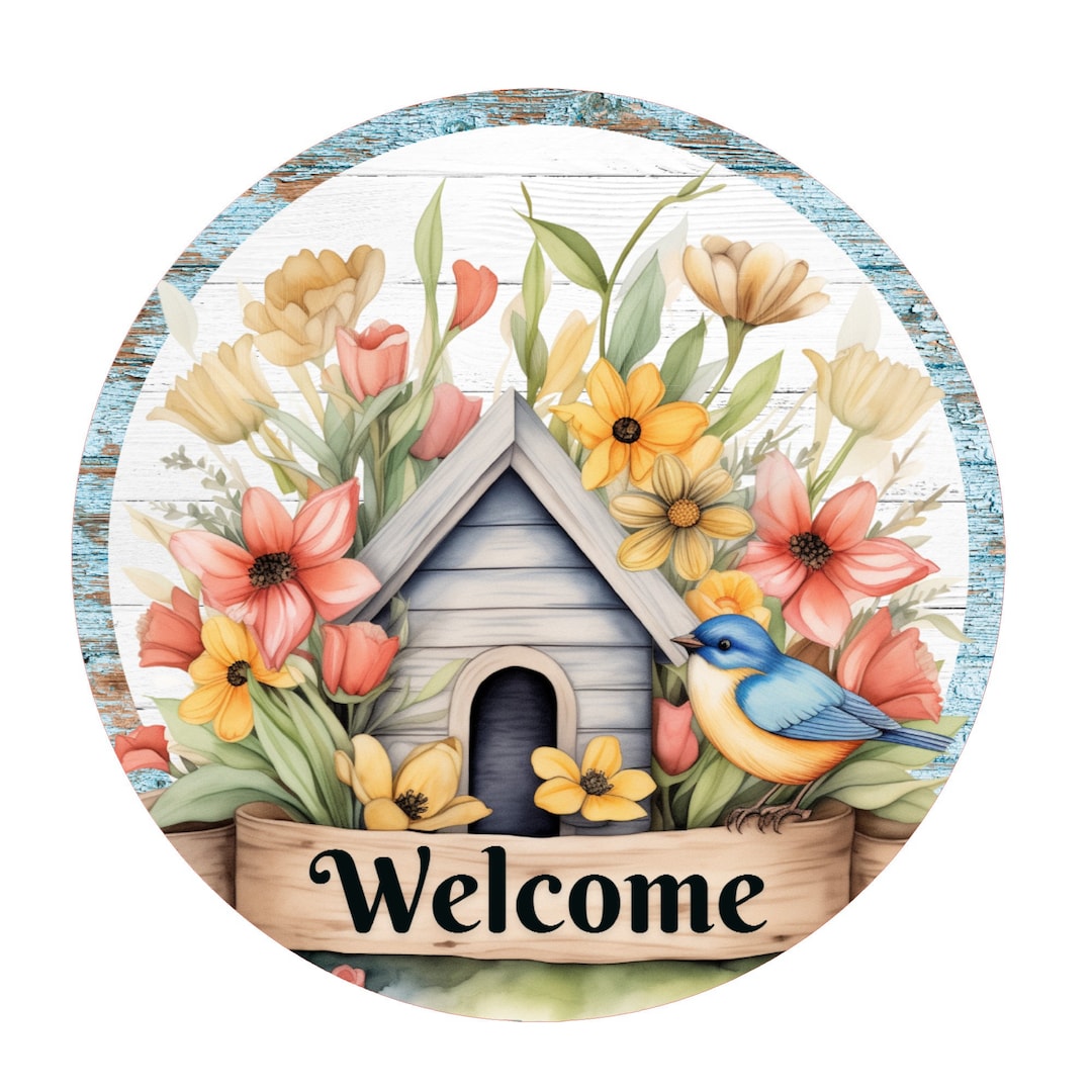 Floral Welcome Wreath Sign, Metal Wreath Sign, Round Wreath Sign, Door ...