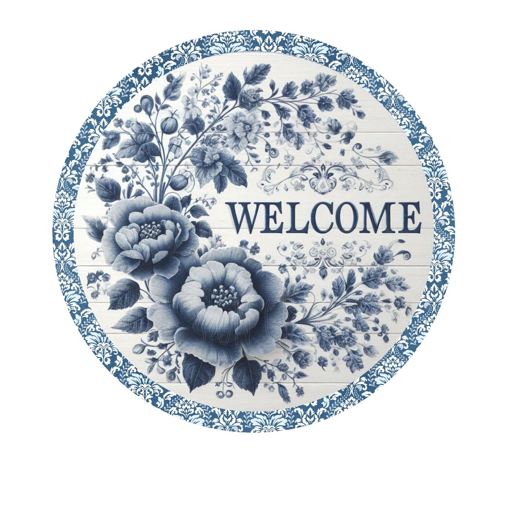 Blue Floral Welcome Wreath Sign, Metal Wreath Sign, Round Wreath Sign ...