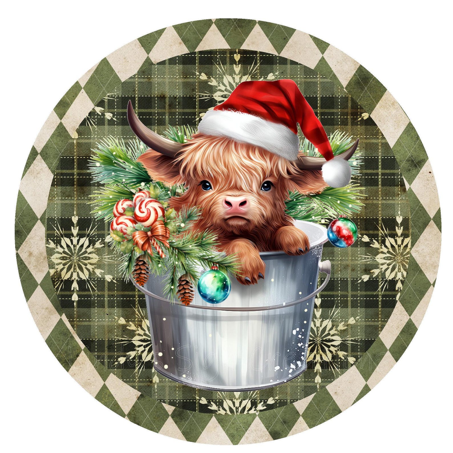 Baby Highland Cow Christmas Wreath Sign, Metal Wreath Sign, Round ...