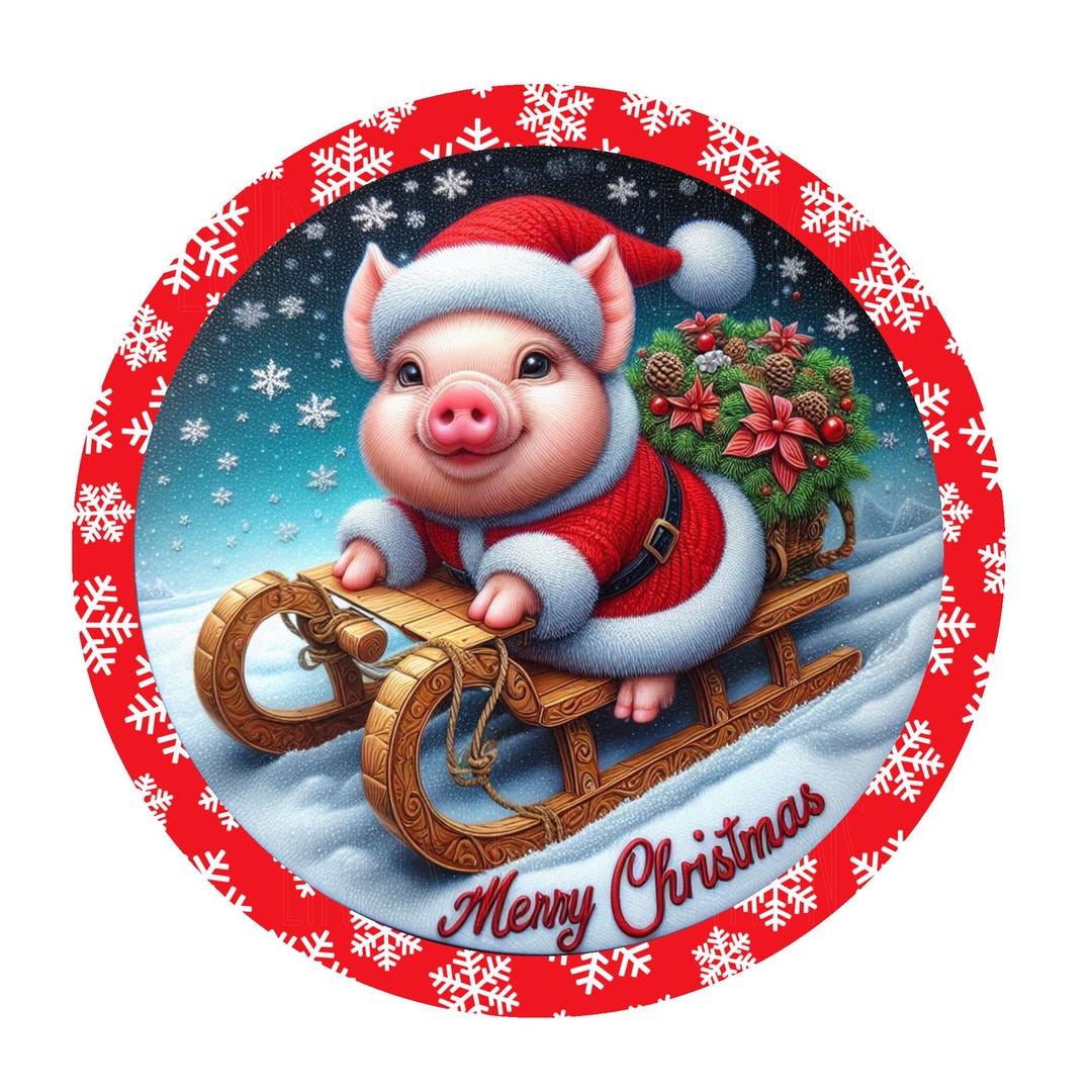 Cute Pig Dressed in Santa Suit Sledding, Merry Christmas Sign, Metal ...