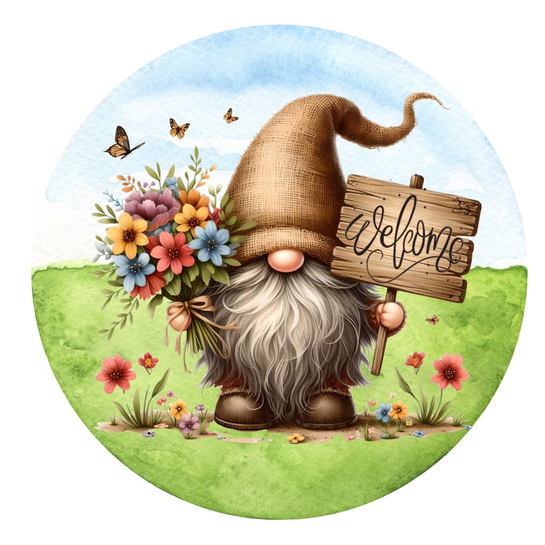 Gnome Holding Floral Bouquet and Welcome Sign Wreath Sign, Metal Wreath ...