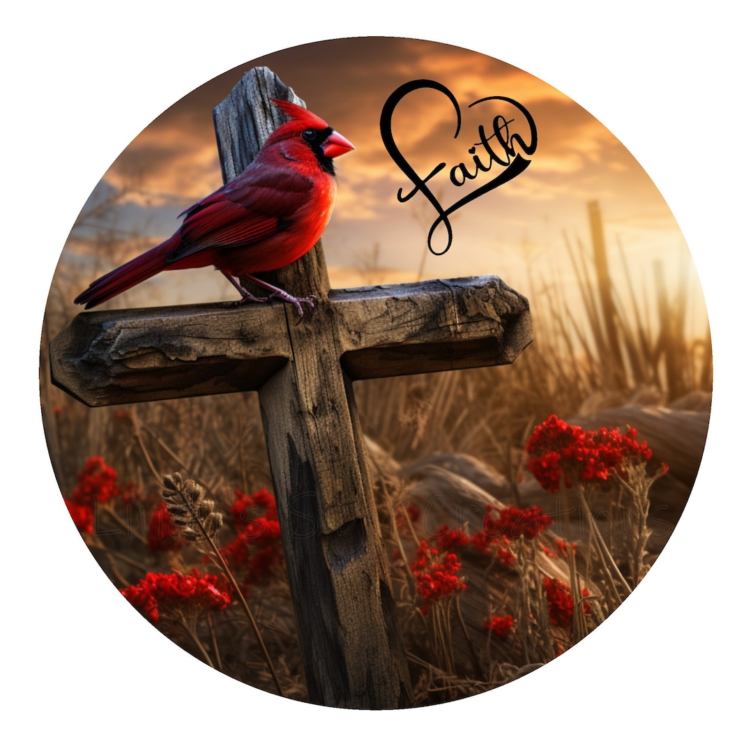 Faith Cardinal on Cross Wreath Sign, Metal Wreath Sign, Round Wreath ...
