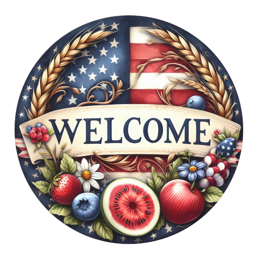 Patriotic Welcome Wreath Sign, Summer Wreath Sign, Round Wreath Sign ...
