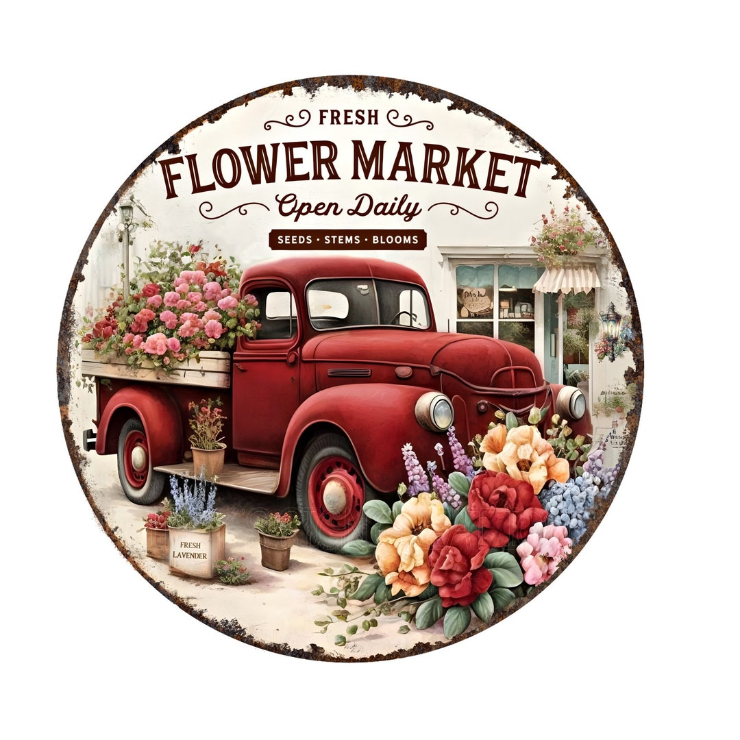 Flower Market Red Truck Wreath Sign, Metal Wreath Sign, Round Wreath ...