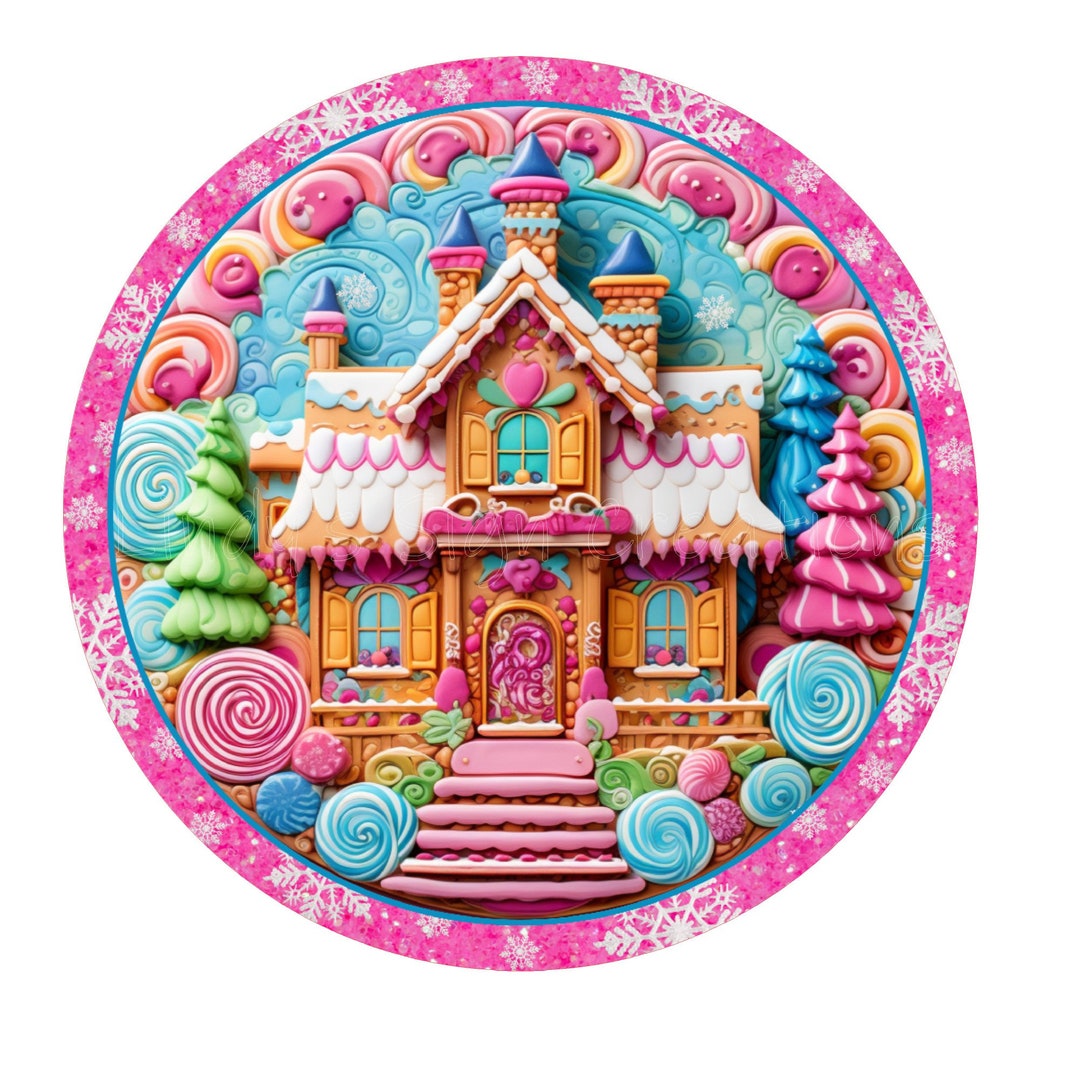 Pink and Blue Gingerbread House Wreath Sign, Metal Wreath Sign, Door ...