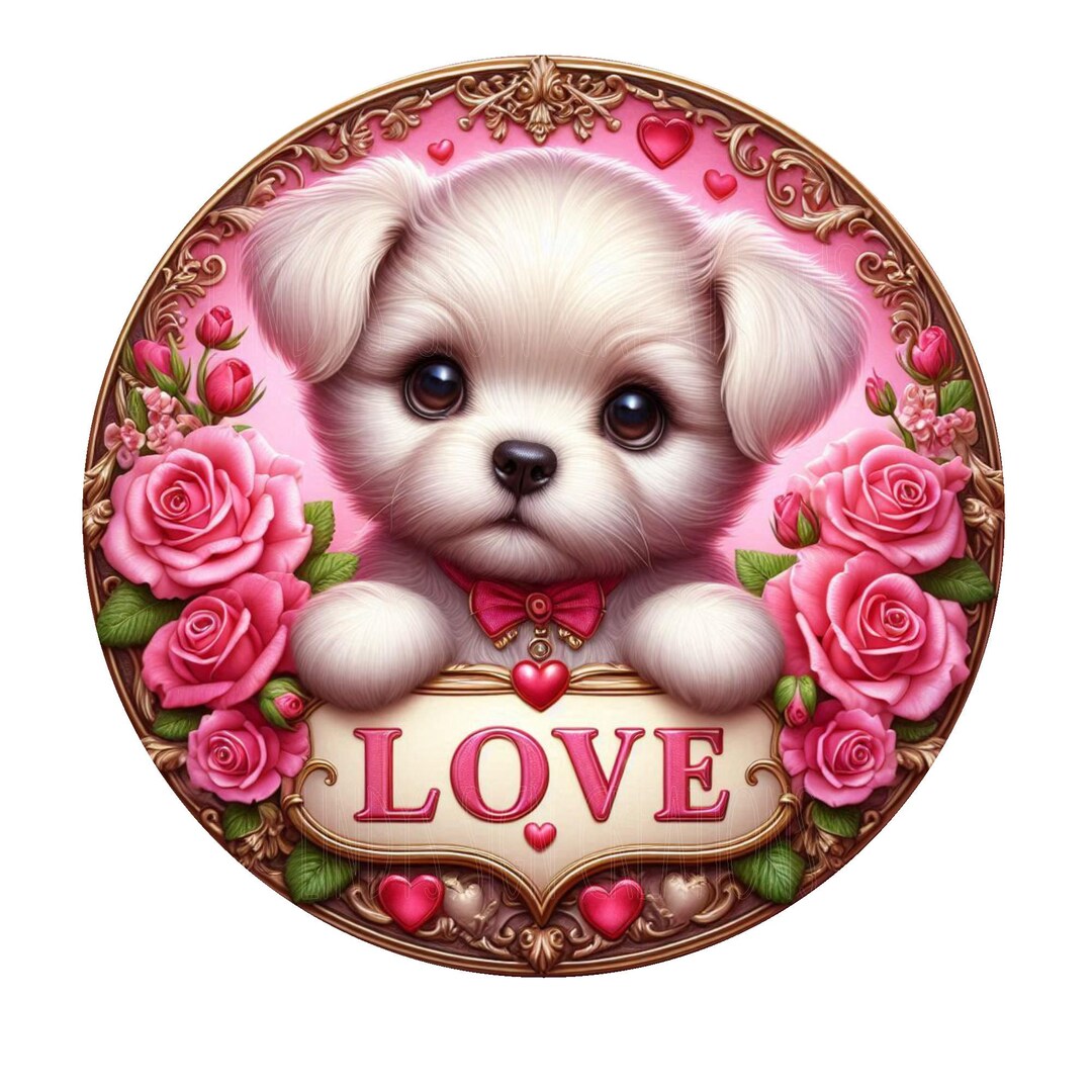Puppy Love Valentine Day Wreath Sign, Metal Wreath Sign, Round Wreath ...