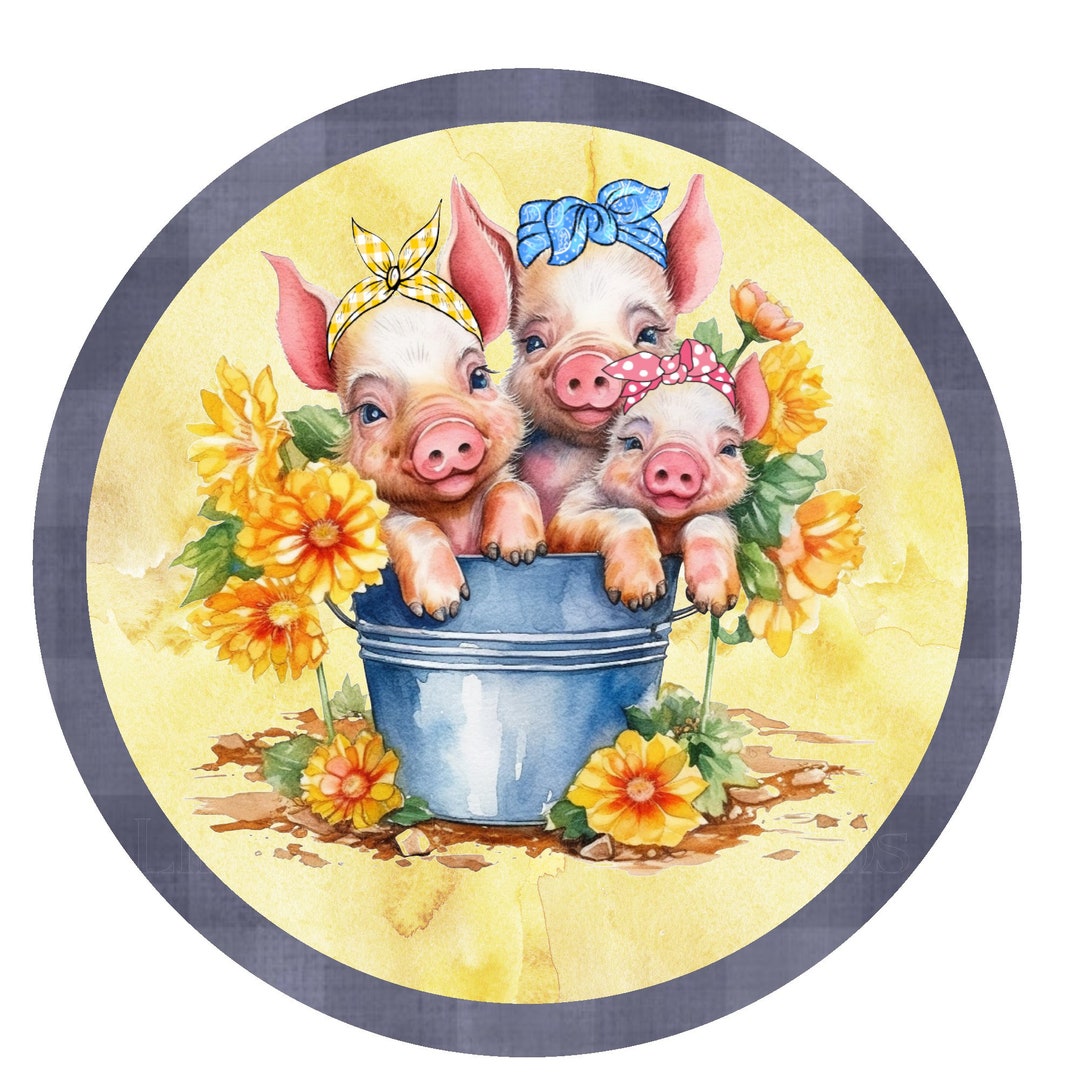 Cute Pigs in Bucket Fall Wreath Sign, Metal Wreath Sign, Round Wreath ...