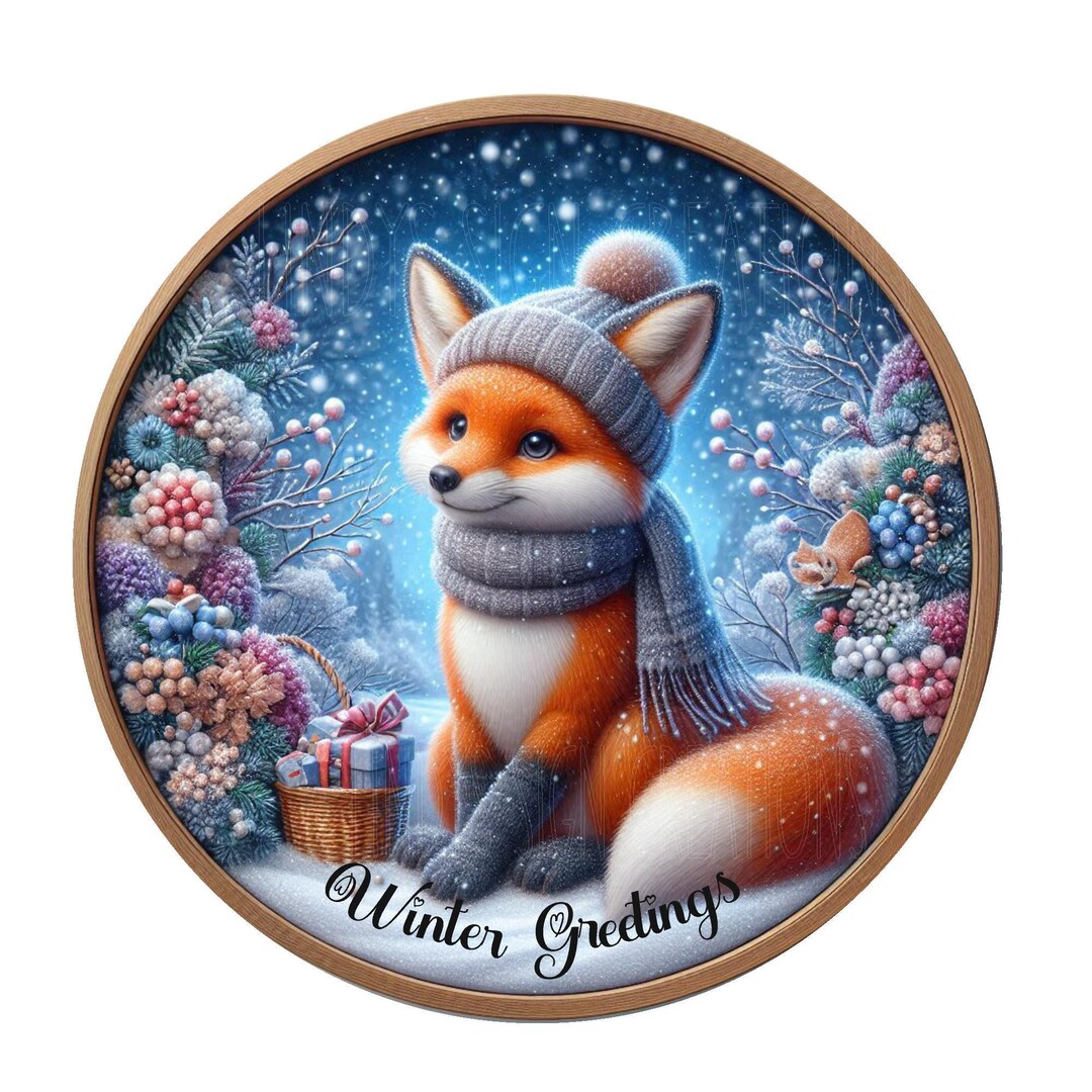 Cute Fox Winter Greetings Wreath Sign, Metal Wreath Sign, Round Wreath ...