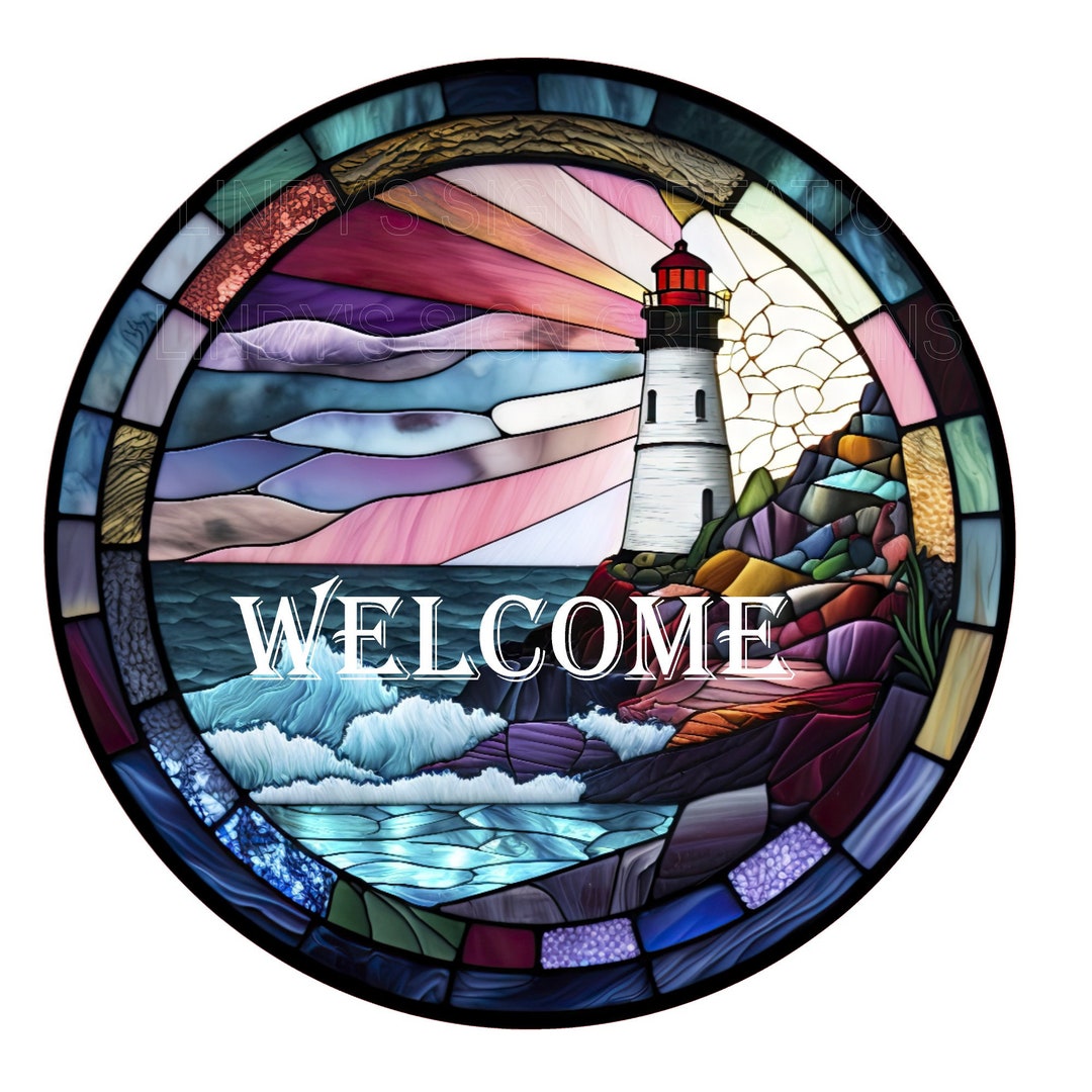 Welcome Lighthouse Wreath Sign, Metal Wreath Sign, Round Wreath Sign, Door Decor, Lindys Sign ...