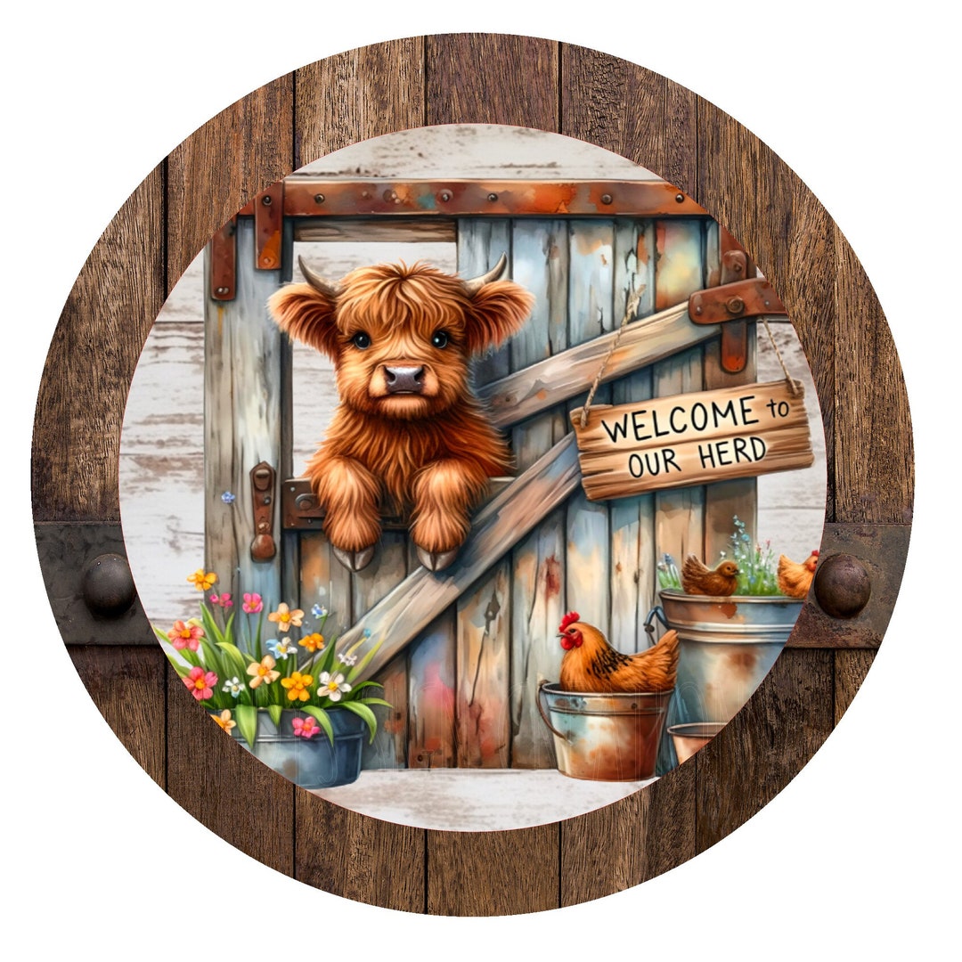 Highland Cow Welcome to Our Herd Wreath Sign, Metal Wreath Sign, Round ...