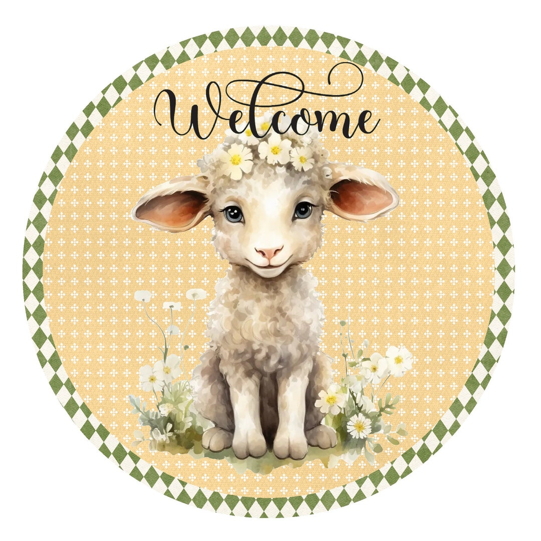 Welcome Lamb Wreath Sign, Metal Wreath Sign, Round Wreath Sign, Door ...