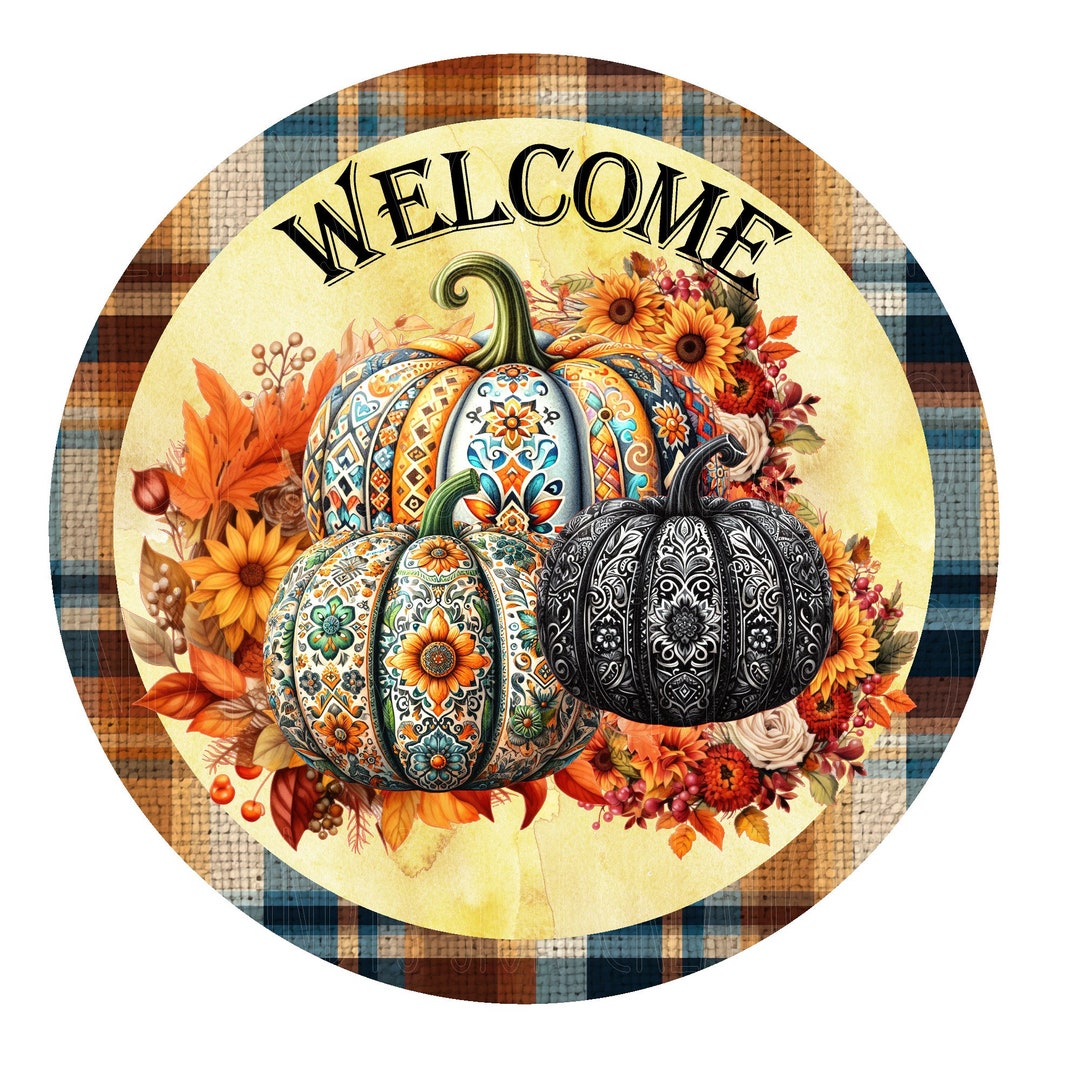 Welcome Floral Pumpkin Wreath Signs, Metal Wreath Sign, Round Wreath ...