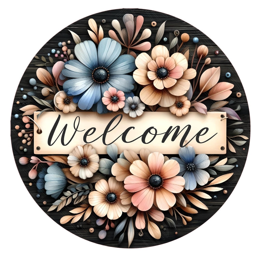 Welcome With Blue and Peach Flowers Wreath Sign, Metal Wreath Sign ...