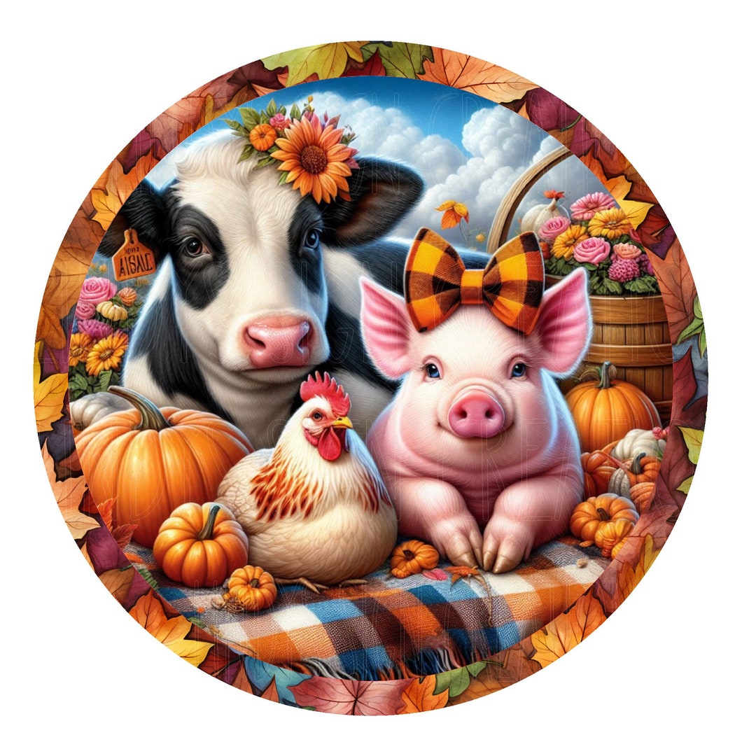 Country Pig, Chicken and Cow Wreath Sign, Metal Wreath Sign, Round ...