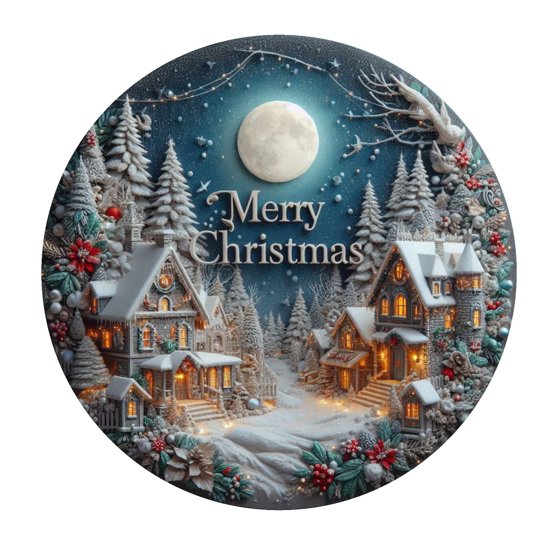 Merry Christmas Winter Village Wreath Sign, Metal Wreath Sign, Round ...