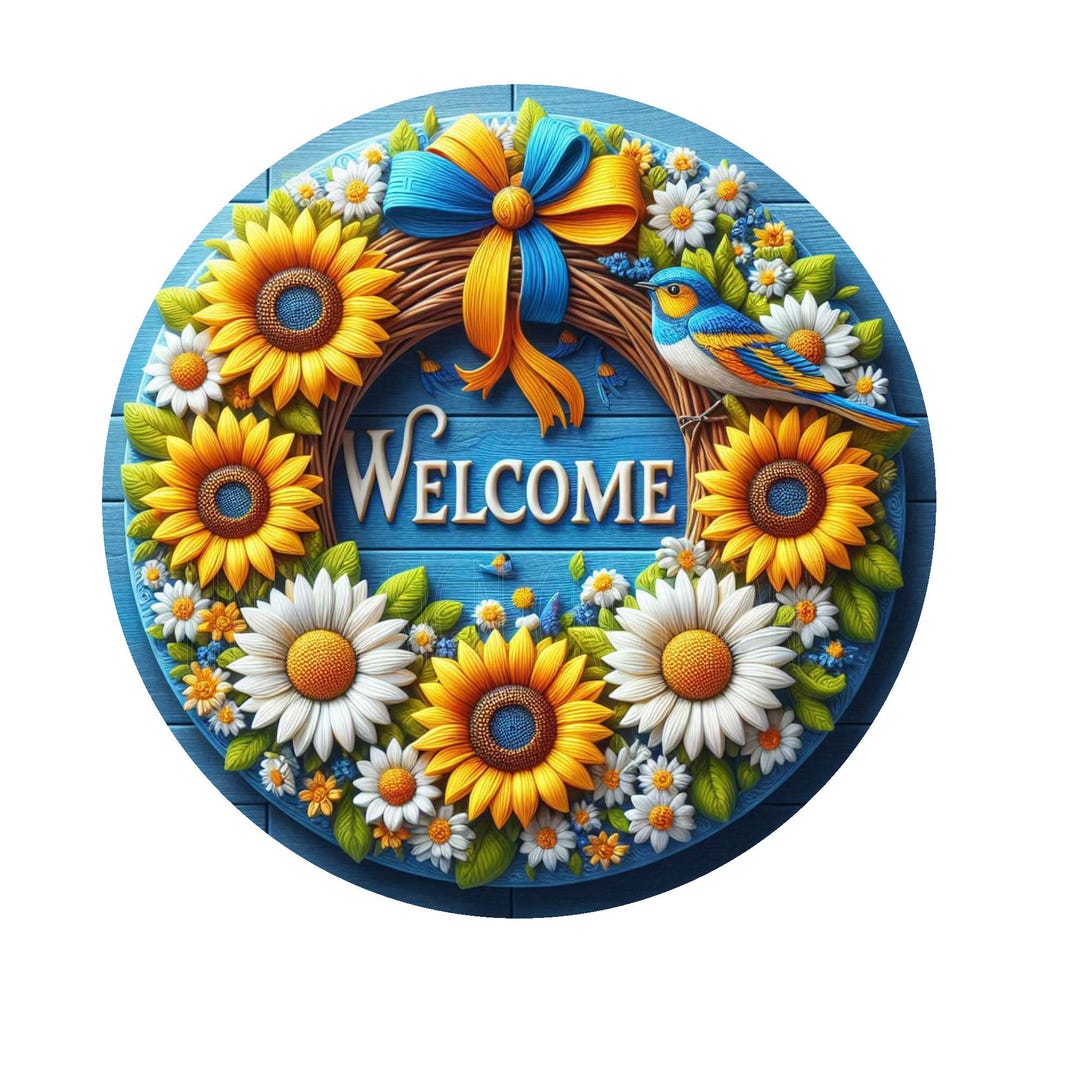 Daisy, Sunflower and Bluebird Welcome Wreath Sign, Metal Wreath Sign ...