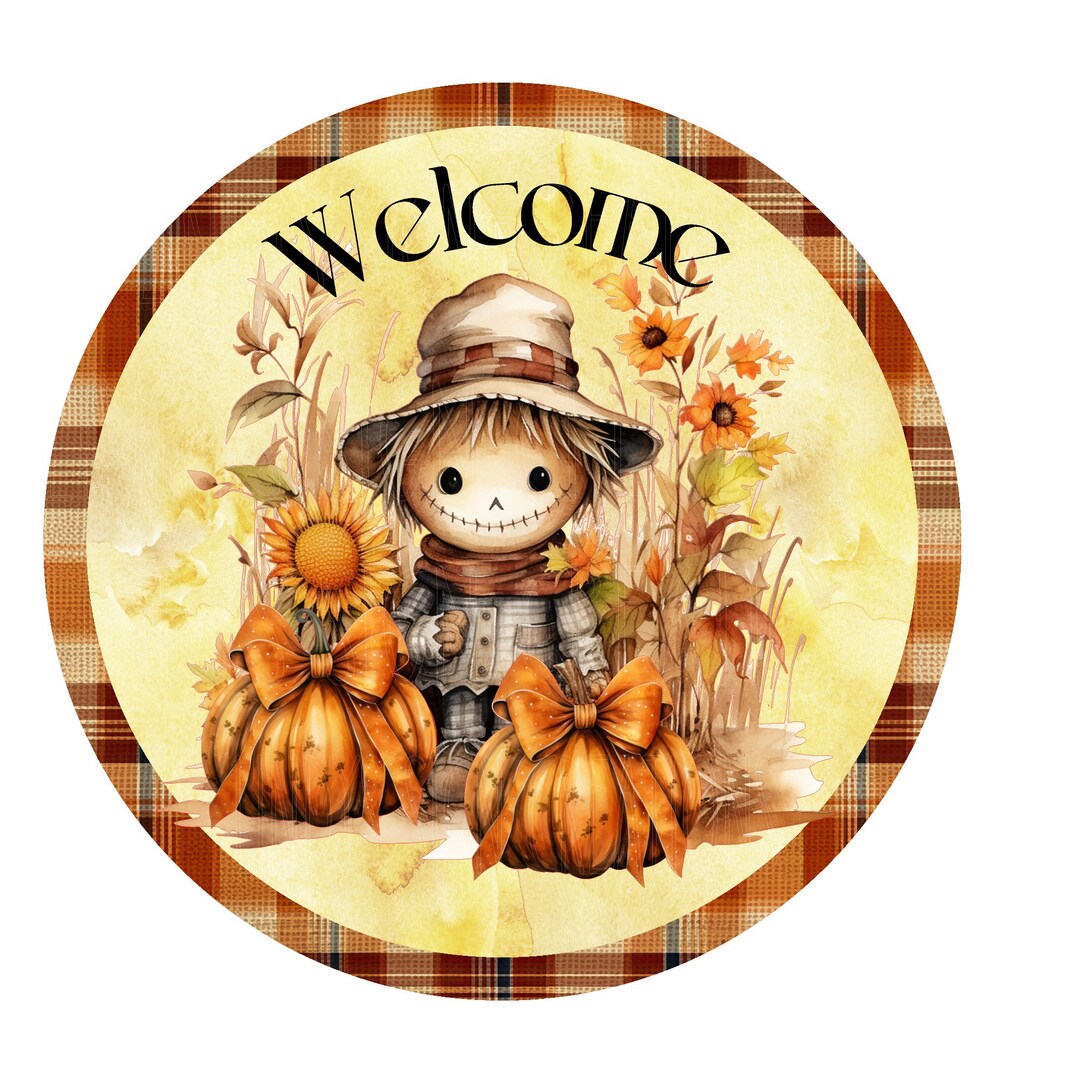 Welcome Scarecrow With Pumpkins and Sunflowers Wreath Sign, Metal ...